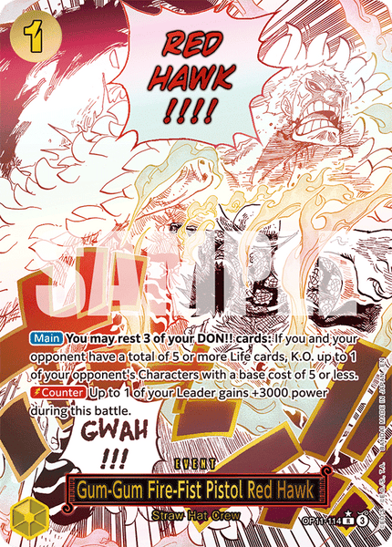 OP11-114, R, Gum-Gum Fire-Fist Pistol Red Hawk (Alternate Art) – Kai of Cards